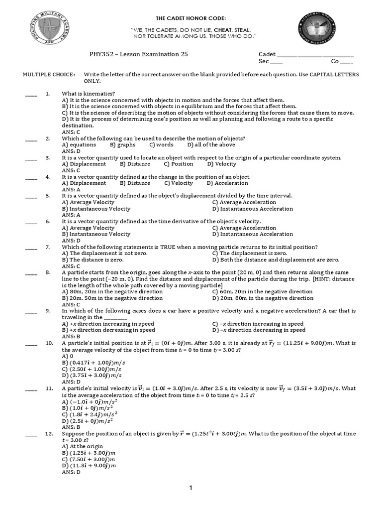 LE25 Kinematics ANSWERS | PDF | Velocity | Acceleration