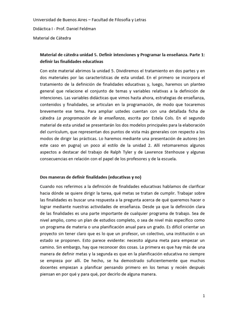 Feldman. Definir Intenciones y Programar La Enseñanza.material de Cátedra Unidad 5 | PDF | Plan ...