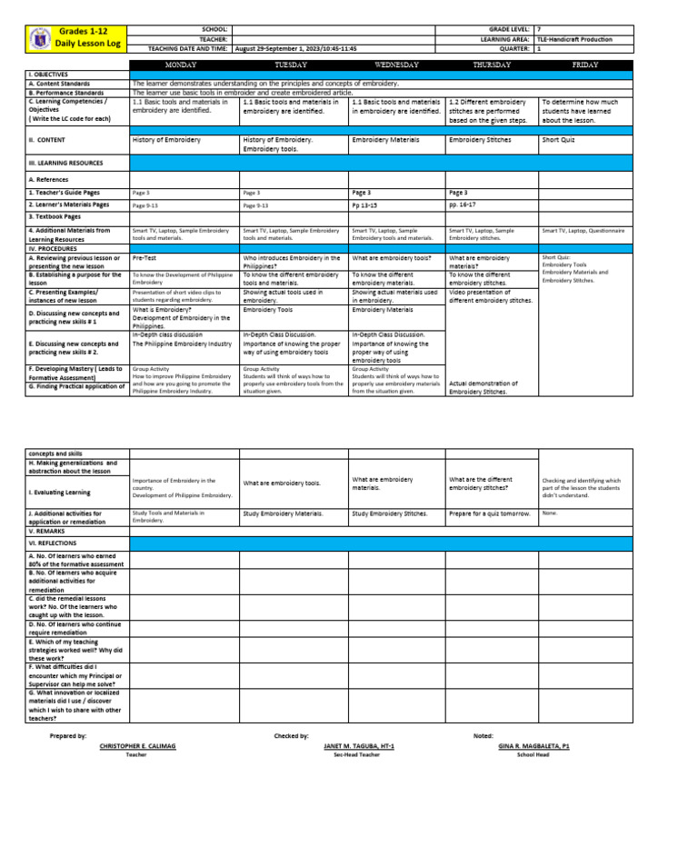 Week 1 Grade 7 1Q | PDF | Embroidery | Teachers