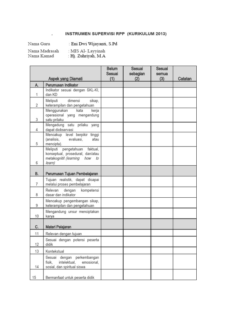 Instrumen Supervisi RPP Eni | PDF | Karier & Perkembangan