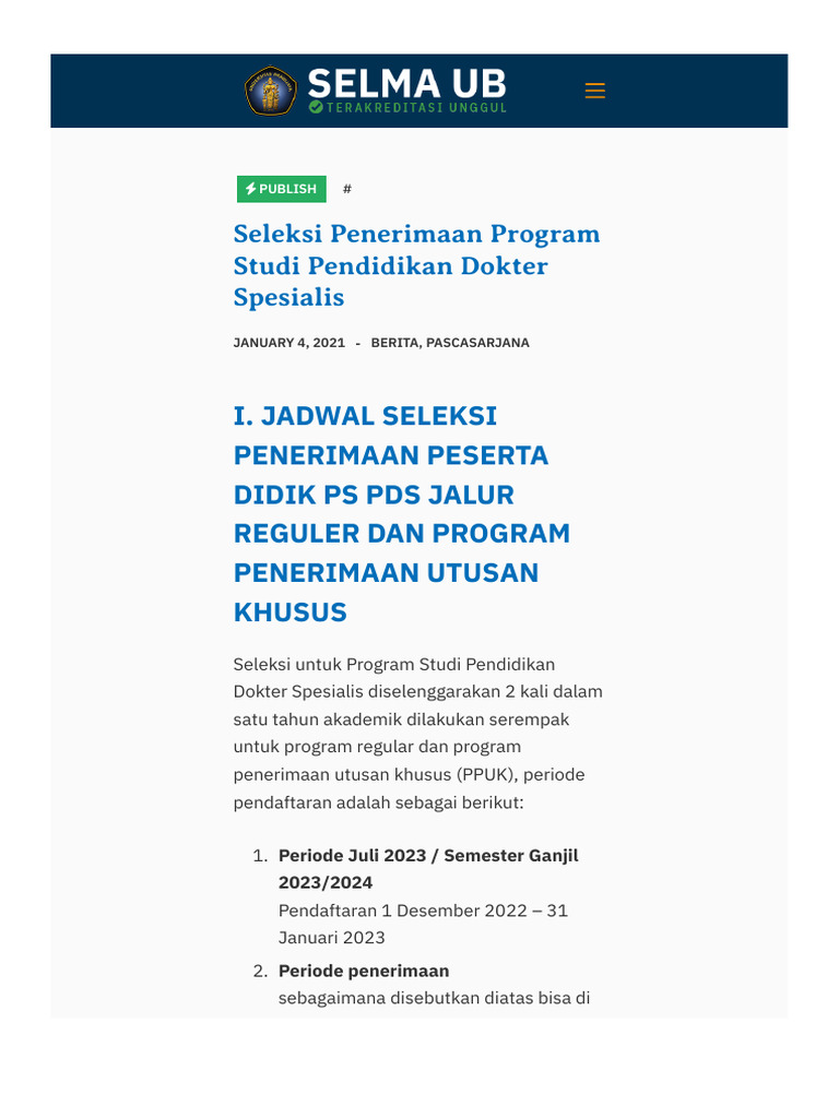 Seleksi Penerimaan Program Studi Pendidikan Dokter Spesialis - SELMA UB ...