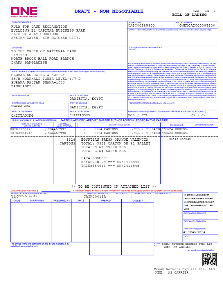 Logistics Bill for Orange Shipment | PDF | Bill Of Lading | Cargo