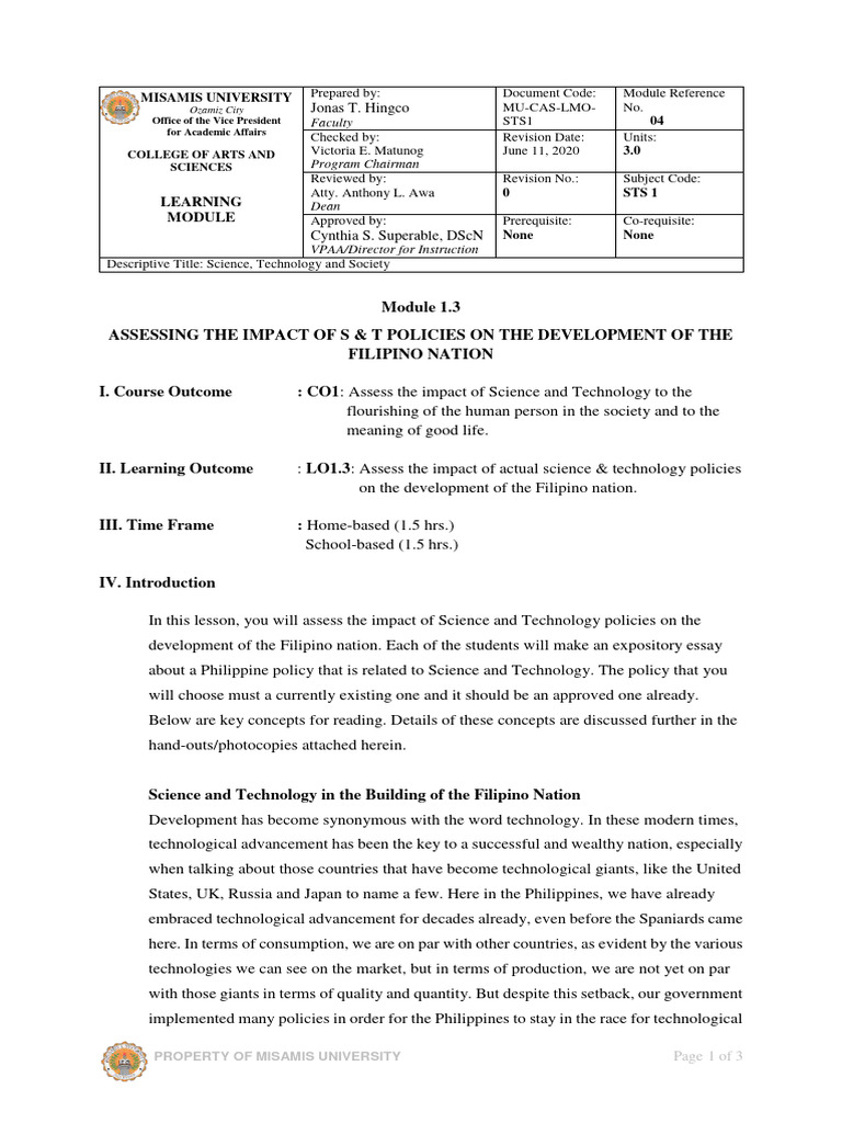STS 1 Module 1.3 Guide | PDF | Philippines | Science