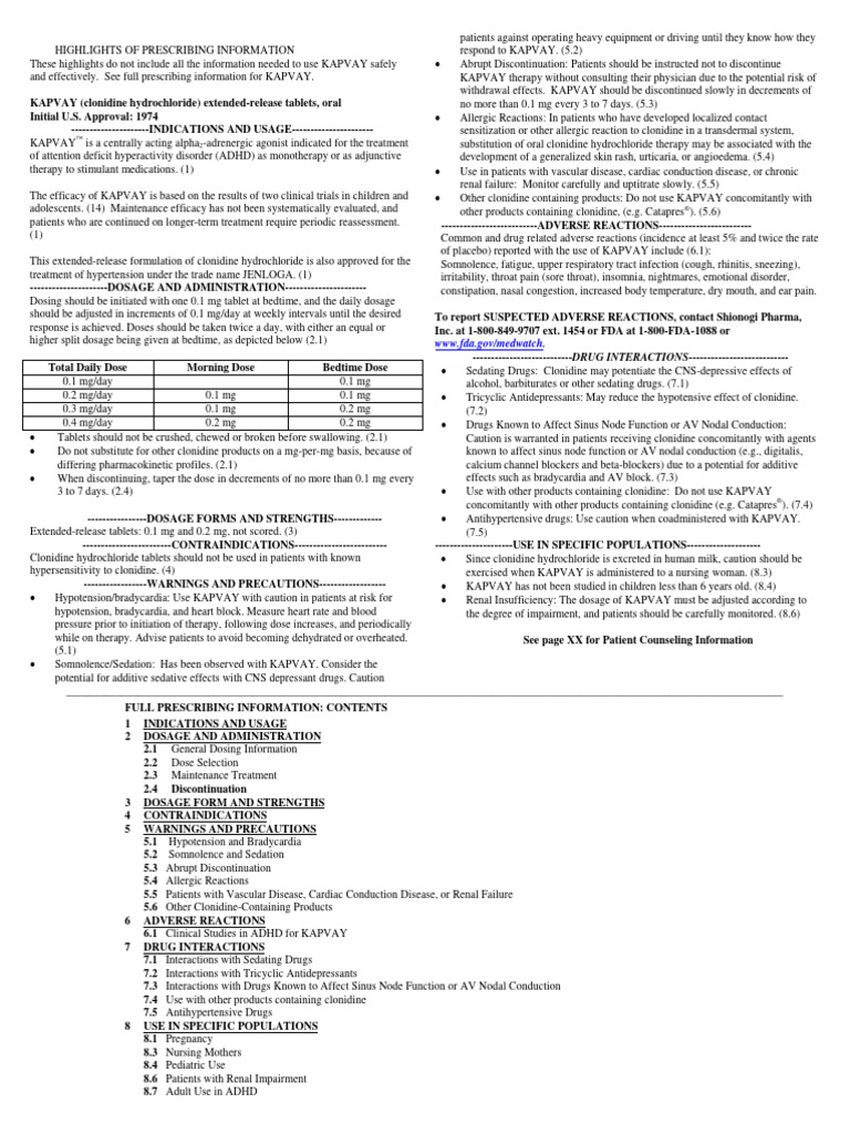 Kapvay (Clonidine) FDA Label | PDF | Attention Deficit Hyperactivity Disorder | Blood Pressure
