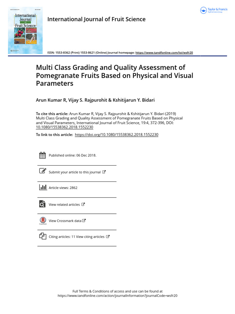 Multi Class Grading and Quality Assessment of Pomegranate Fruits Based On Physical and Visual ...