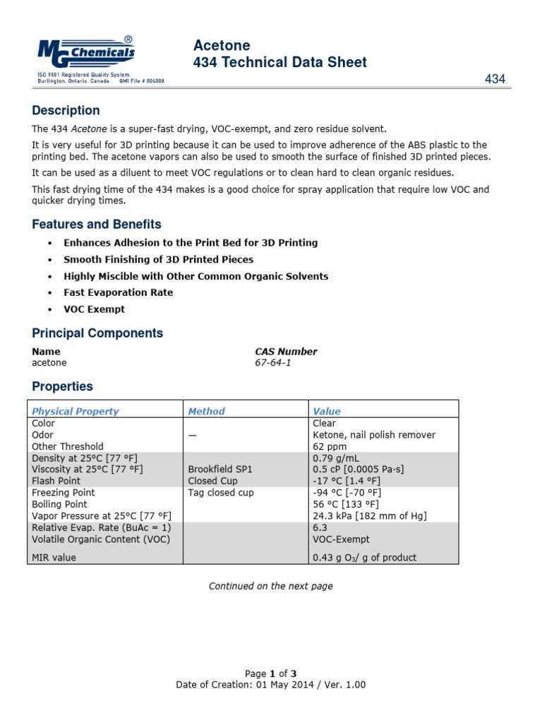 Acetone 434 Technical Data Sheet: Description | Download Free PDF | Solvent | Solubility