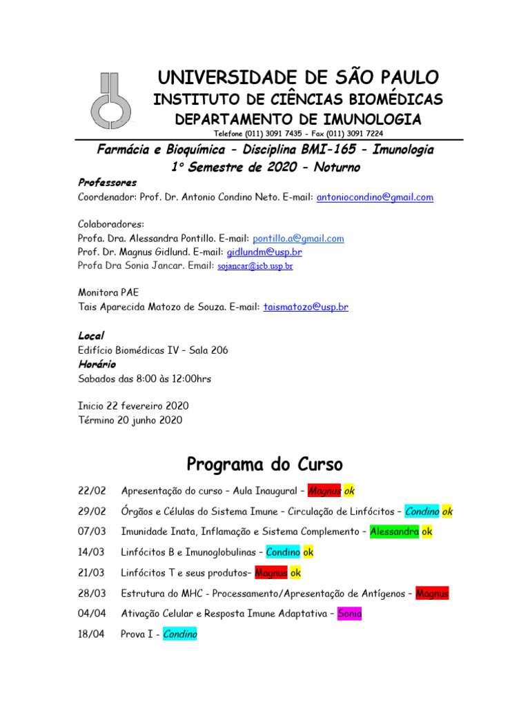 Programa Farmacia Noturno 2020 MODIFICADO | PDF | Ciências e Matemática | Bem-estar