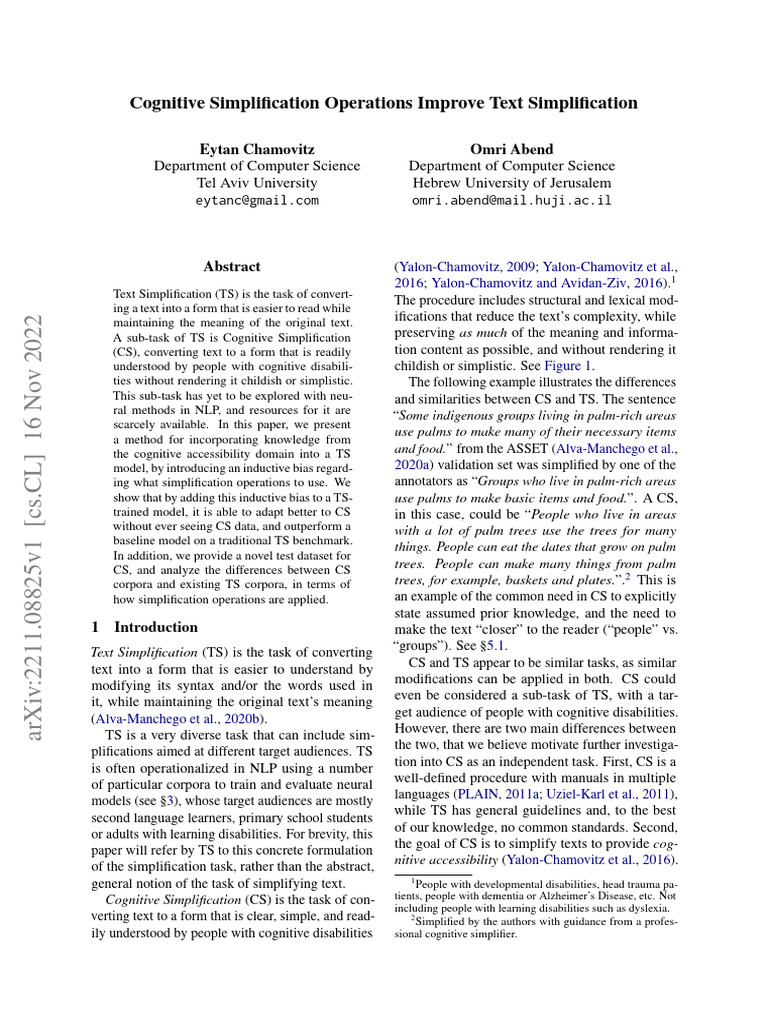 Cognitive Simplification Operations Improve Text Simplification | PDF | Information | Cognitive ...