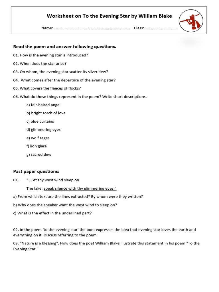Worksheet on Blake's Evening Star Poem | PDF | Poetry