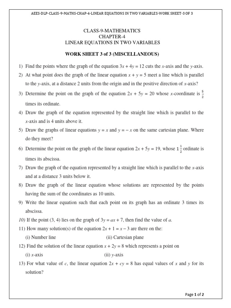 AEES DLP CLASS 9 MATHS CHAP 4 Linear Equations in Two Variables Work Sheet 3 of 3 | PDF ...