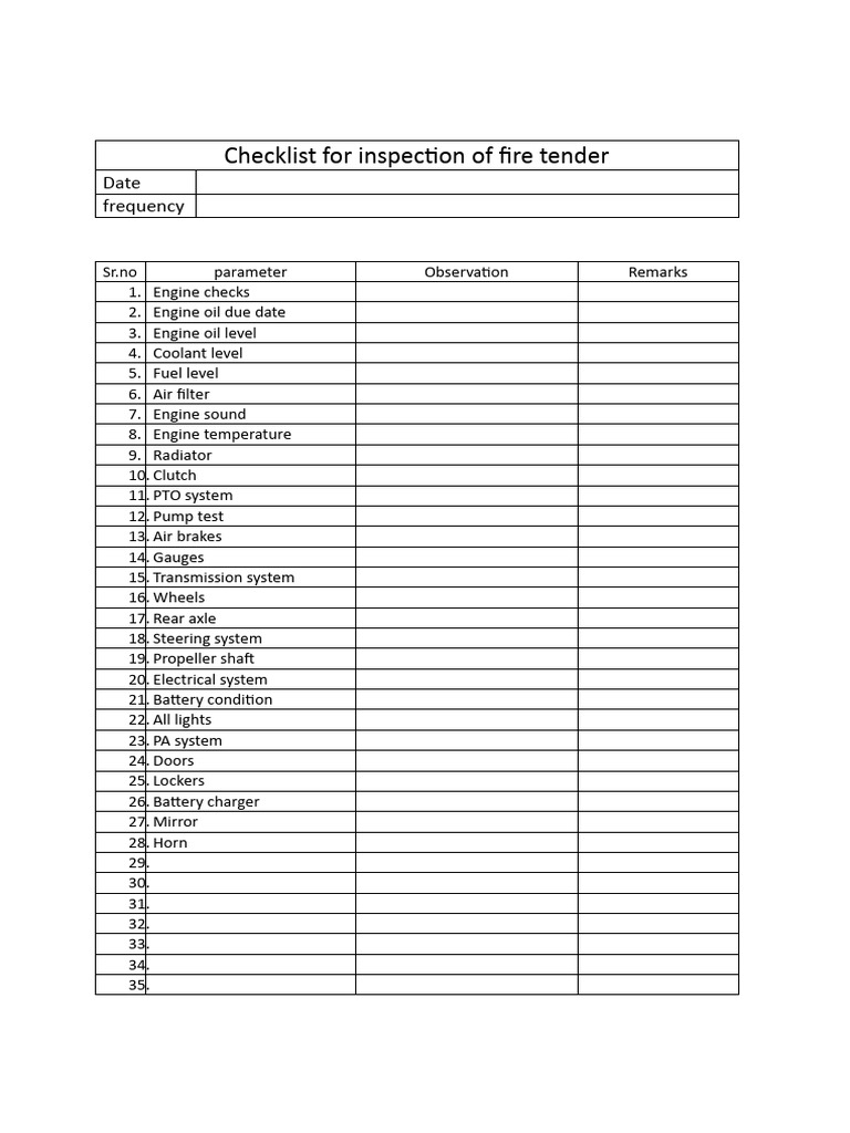 Fire Tender Inspection Checklist | PDF