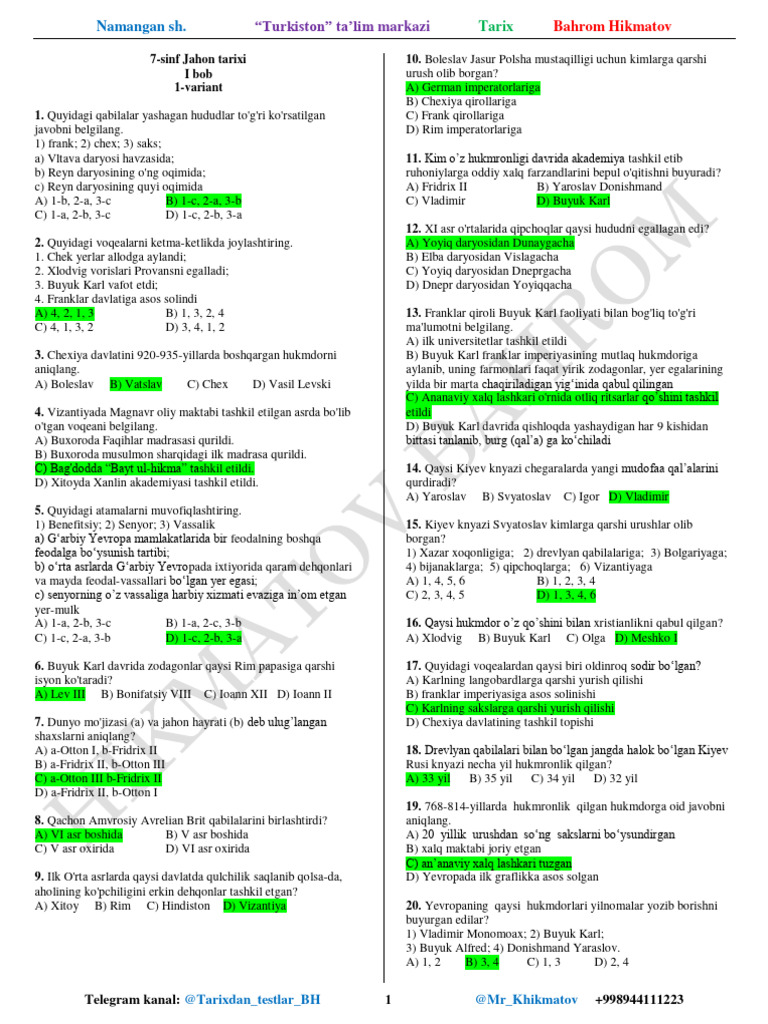 7-Sinf Jahon Tarixi I-Bob 2 Ta Variant (Javobi) | PDF