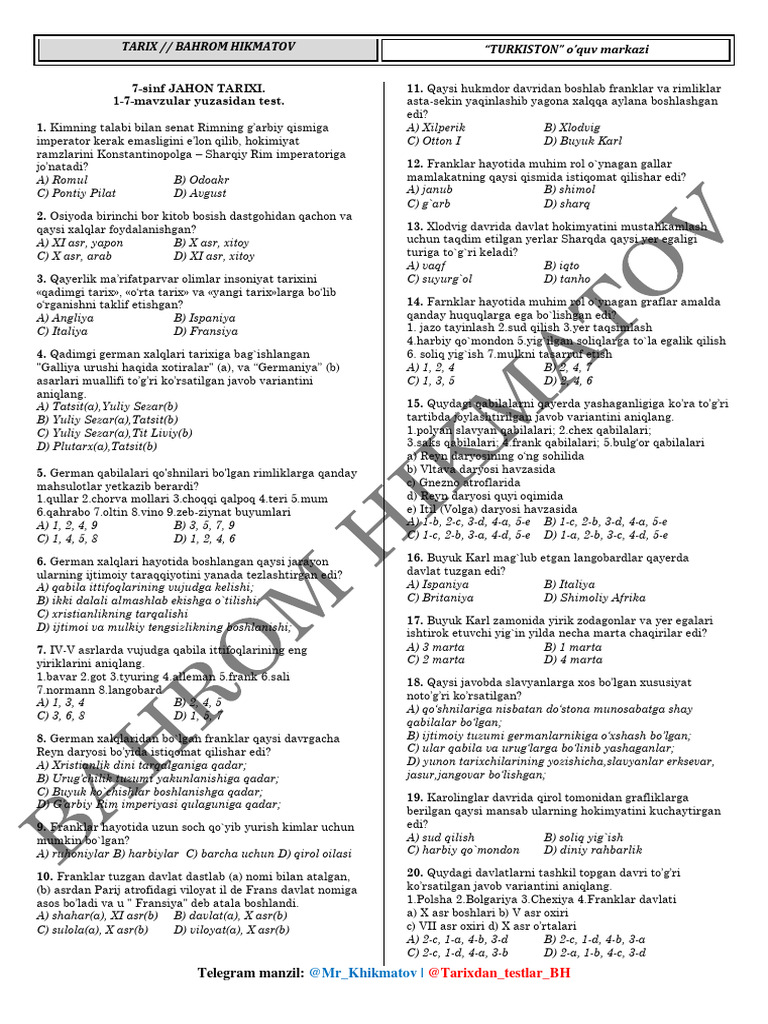 7-Sinf Jahon Tarixi 1-7-Mavzular Test | PDF