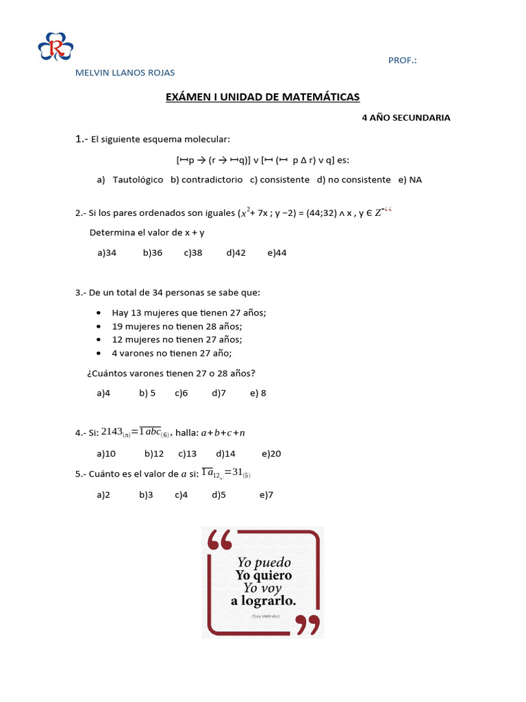 Exámen I Unidad de Matemáticas 4 Año | PDF