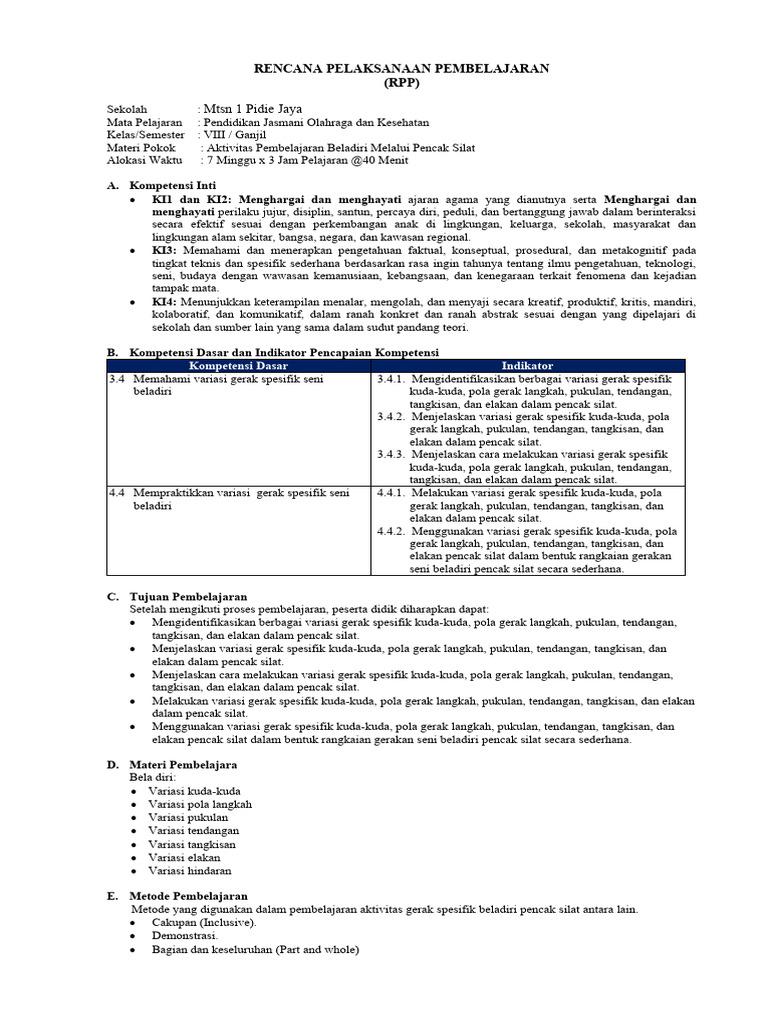 RPP - Aktivitas Pembelajaran Beladiri Melalui Pencak Silat | PDF