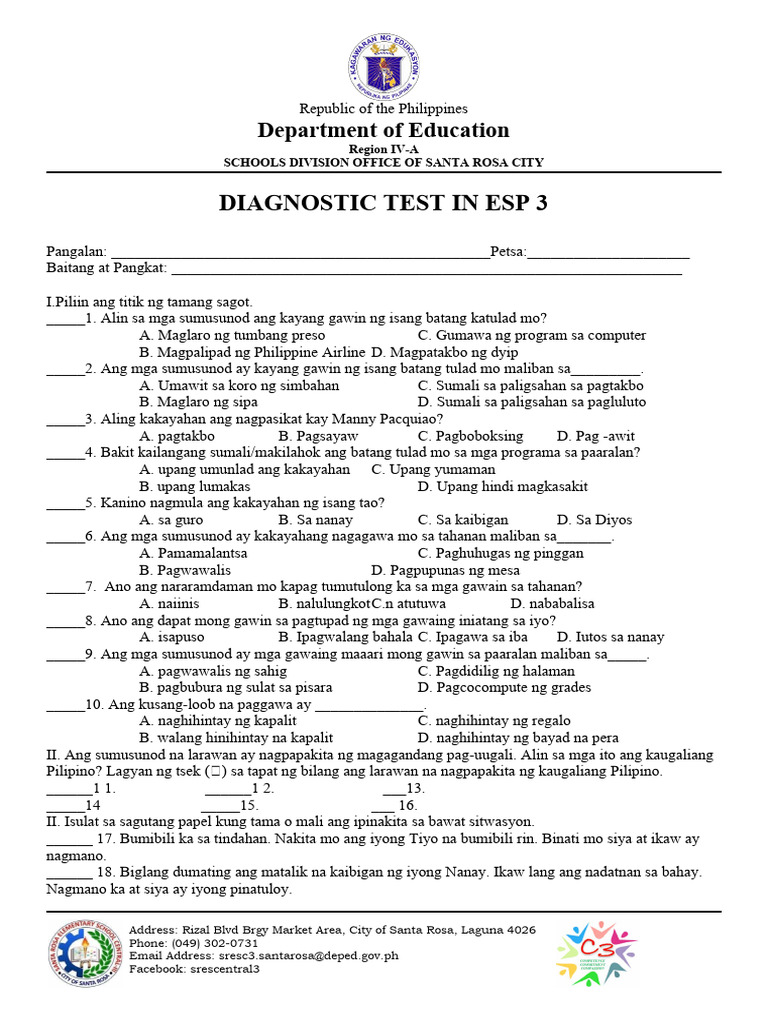 Diagnostic Test in Esp 3 | PDF