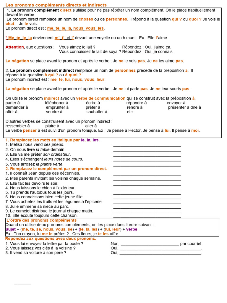 Les Pronoms Compléments Directs Et Indirects | PDF | Pronom | Verbe