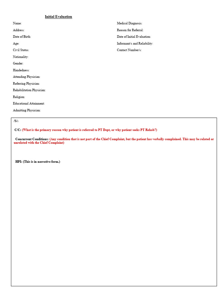 Physical Therapy Initial Evaluation Form | PDF | Self-Improvement ...