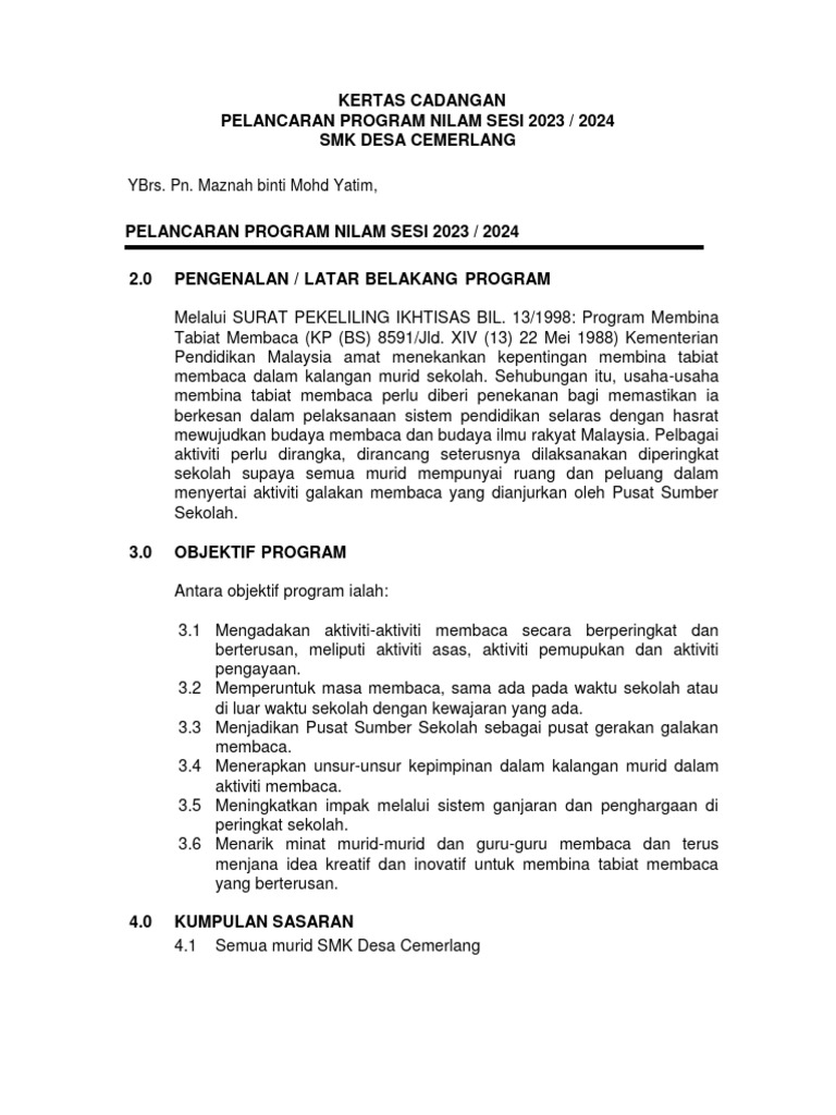 Kertas Cadangan Pelancaran Program Nilam Sesi 2023 - 2024 | PDF