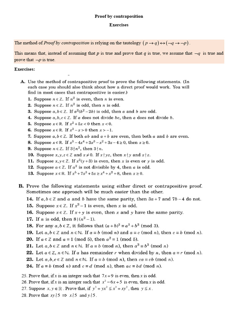 Proof By Contraposition Exercises Pdf