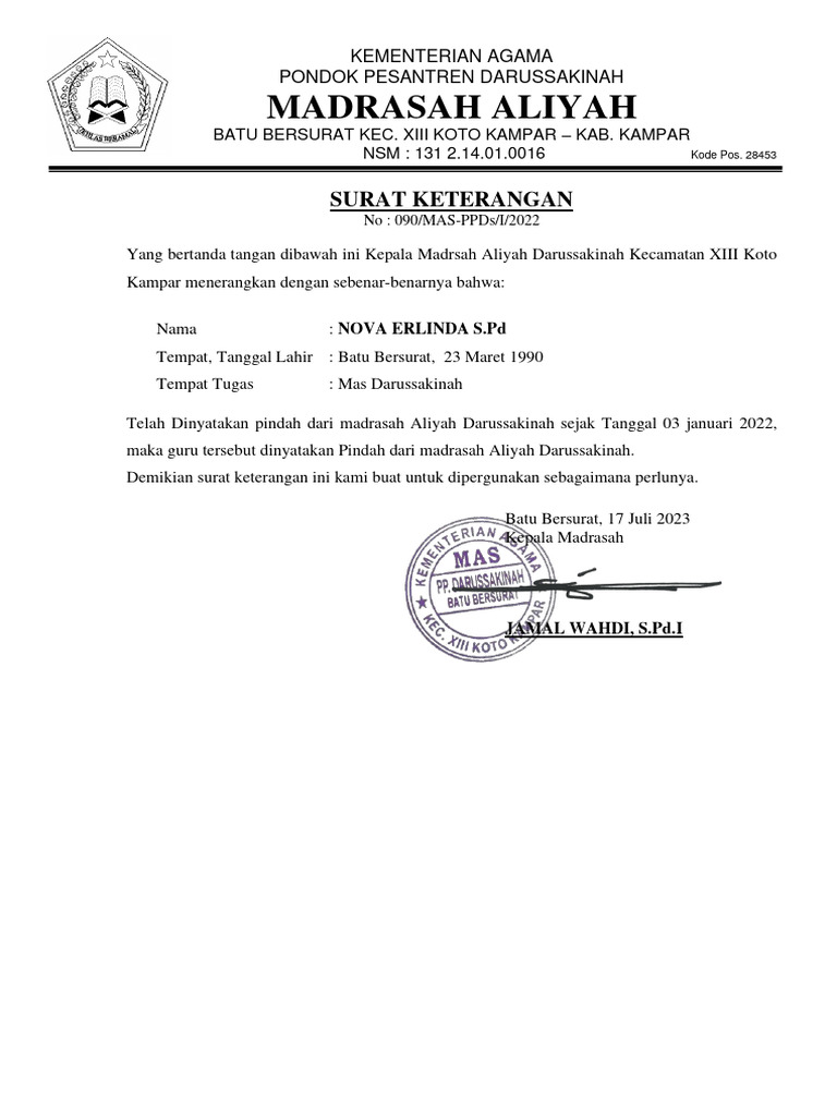 Surat Mutasi GTK Emis Nova Erlinda | PDF