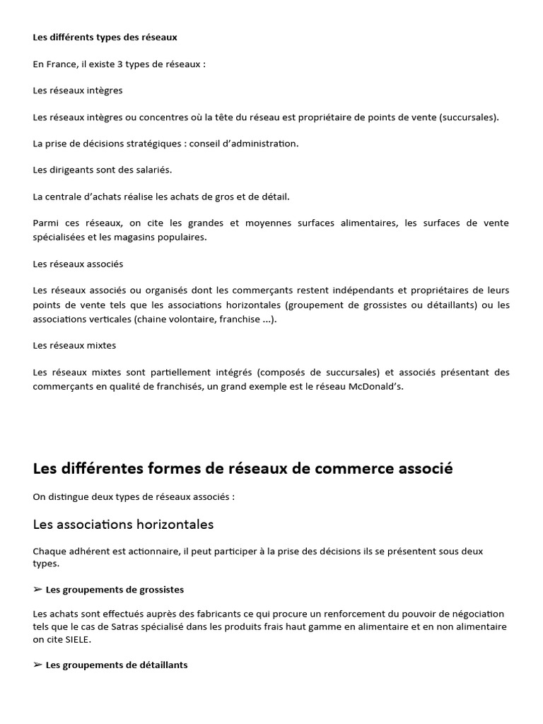 Types de réseaux commerciaux en France | PDF | Franchise (réseau ...
