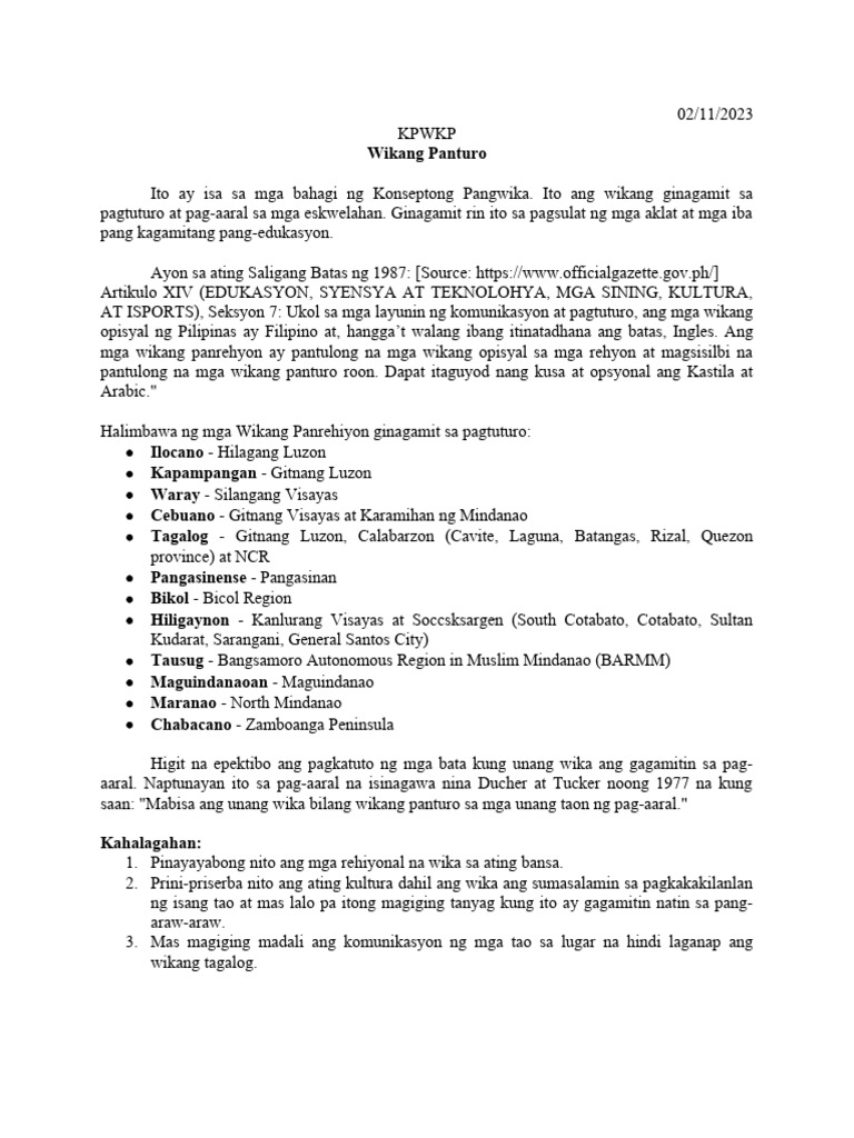 Wikang Panturo - KPWKP | PDF