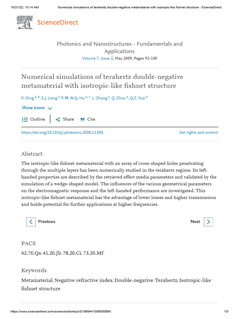 Numerical simulations of terahertz double-negative metamaterial with isotropic-like fishnet ...