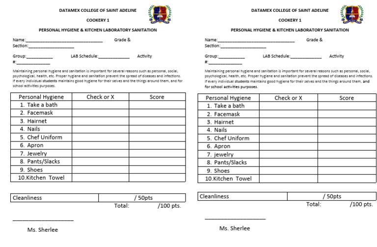Cookery Sanitation Hygiene Grading Sheet Paprint Angeline11 | PDF ...