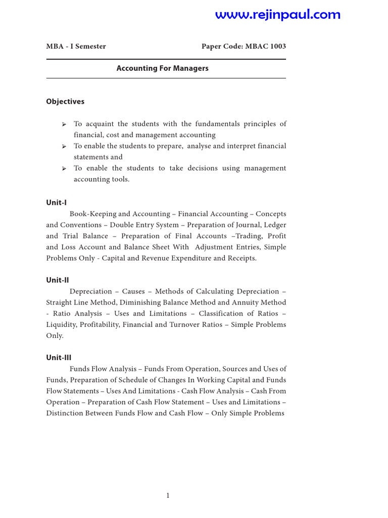 MBA Accounting Managers 1styear Notes 1 | PDF | Accounting | Cost