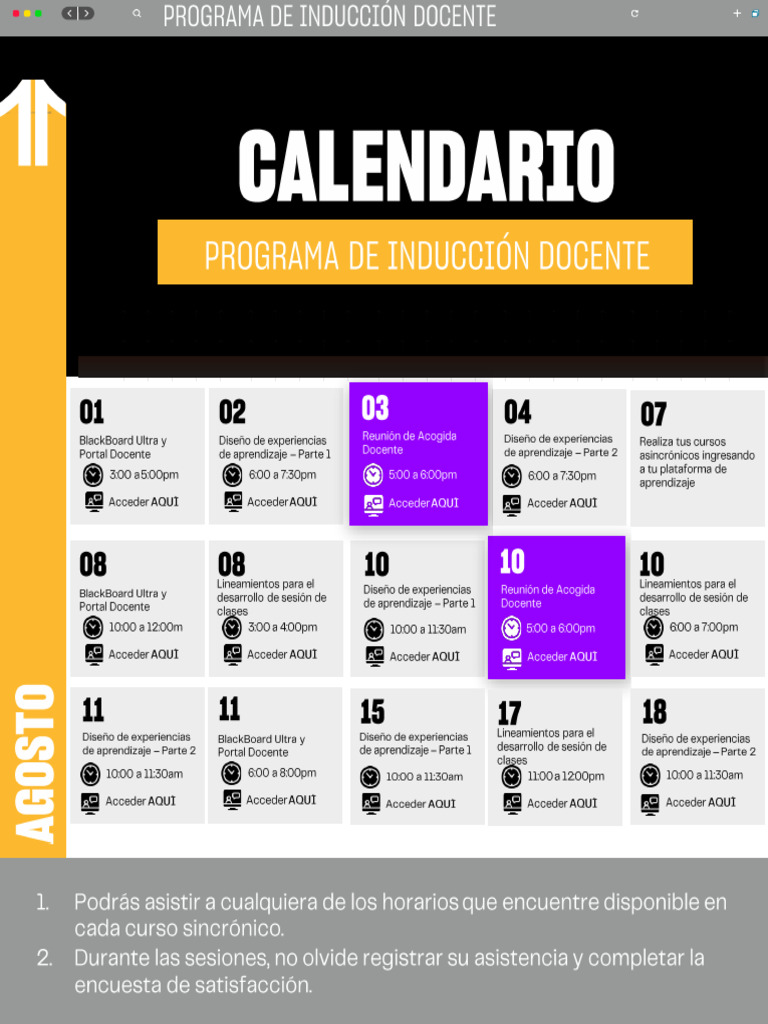 Calendario - Programa de Inducción Presencial | PDF