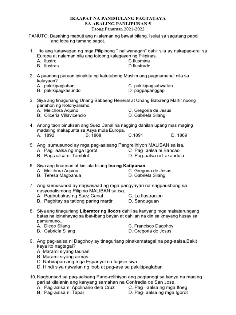 Ap5 Q4 Pre Test | PDF