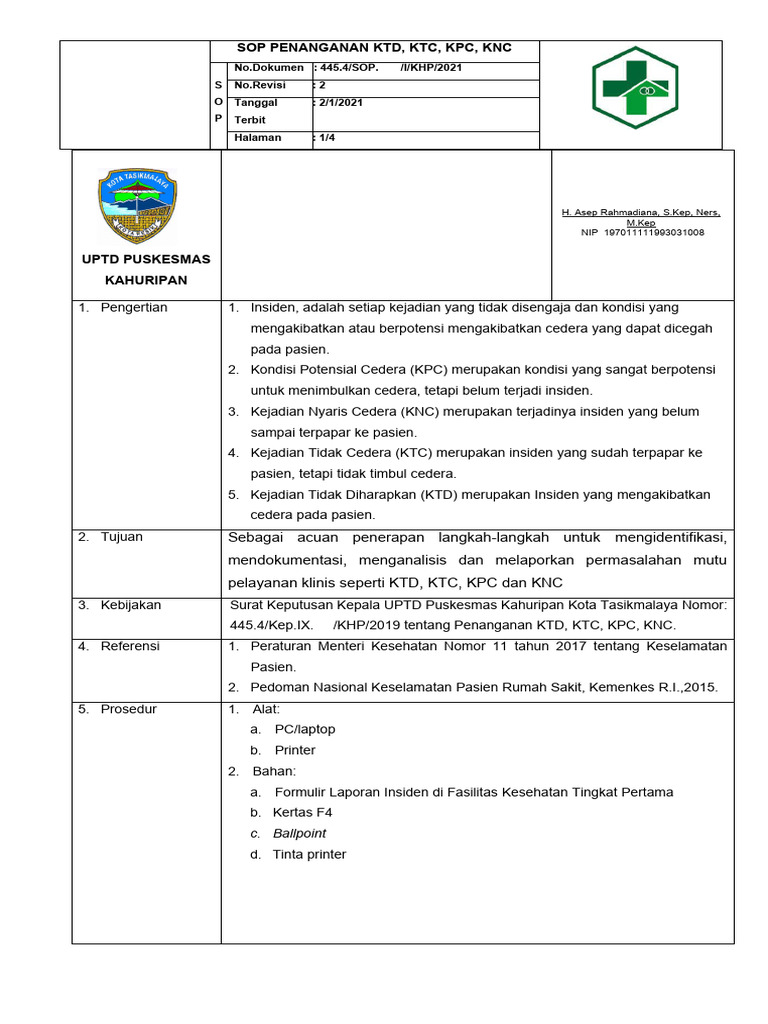 9.1.1.6. Sop Penanganan KTD, KTC, KPC, KNC 2021 | PDF