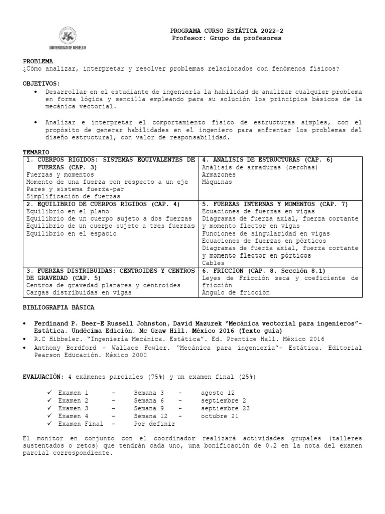 Curso de Estática 2022-2: Temario y Evaluación | PDF | Viga (Estructura) | Fricción