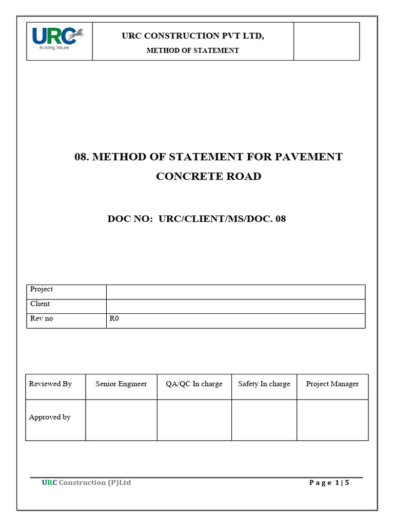 Method Statement for Concrete Pavement | PDF | Concrete | Road Surface