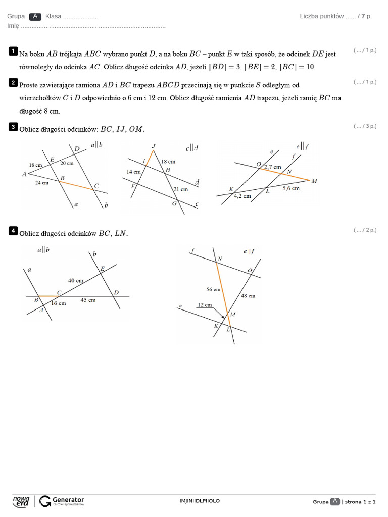 6.3. Twierdzenie Talesa - Kartkówka (Poziom Łatwiejszy) Test (Z ...