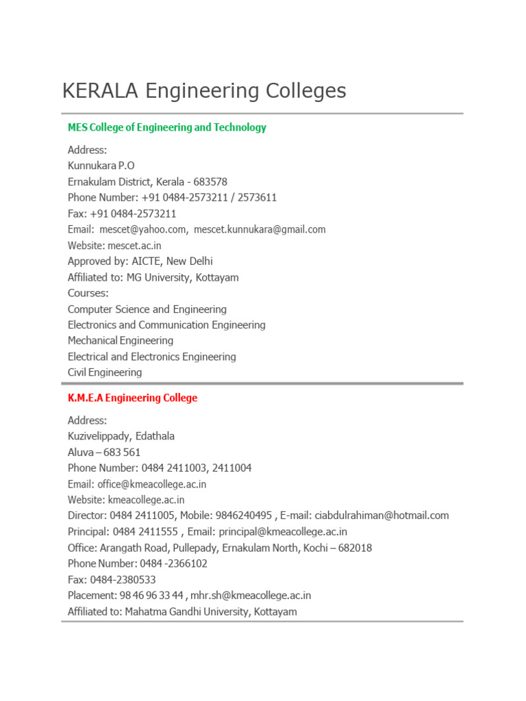 Engineering Colleges in Kerala Overview | PDF | Electronics | Computing