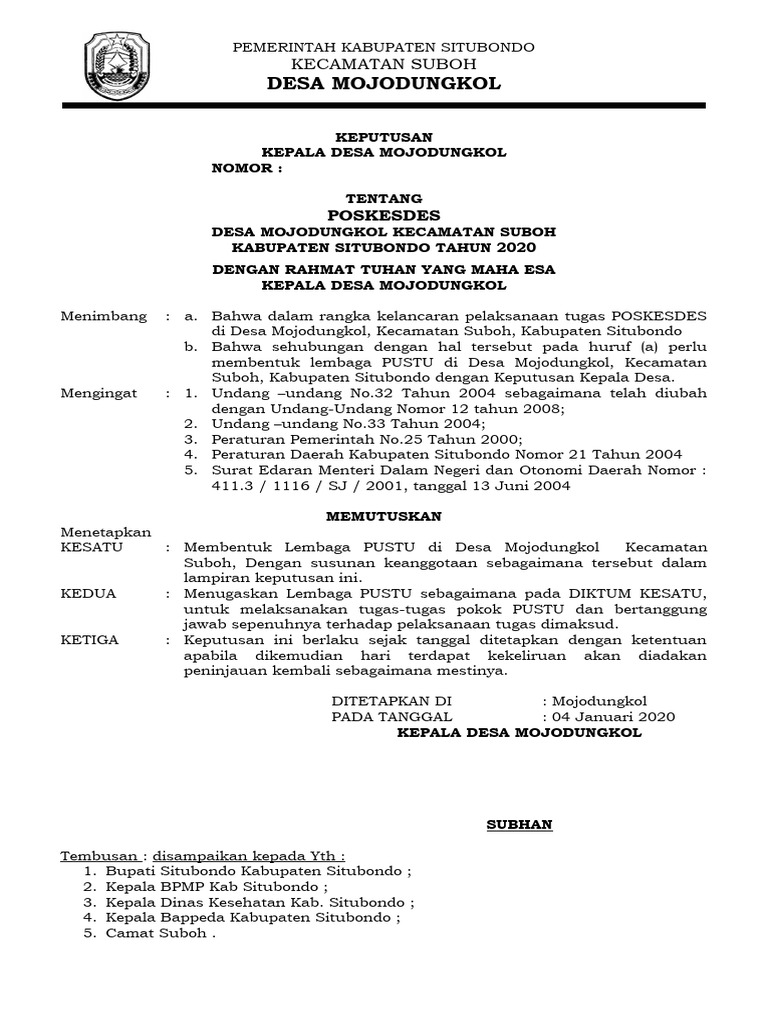 Pembentukan PUSTU Desa Mojodungkol | PDF