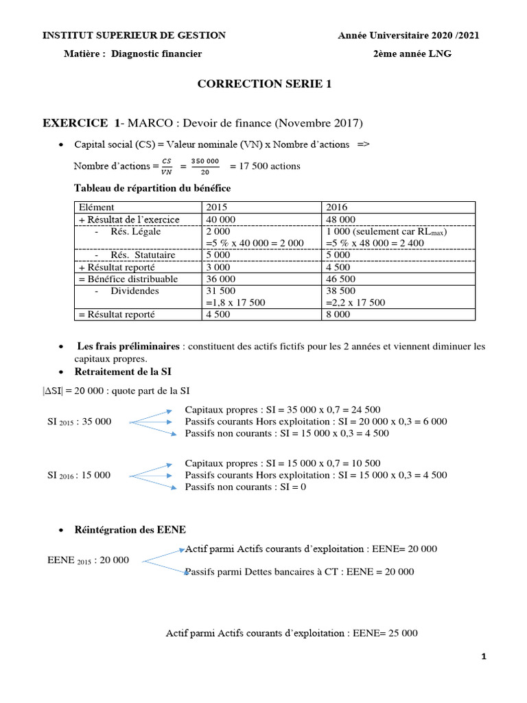 CORRECTION SERIE 1 Diag Fin-Converti | PDF | Ratio financier | Fonds de roulement