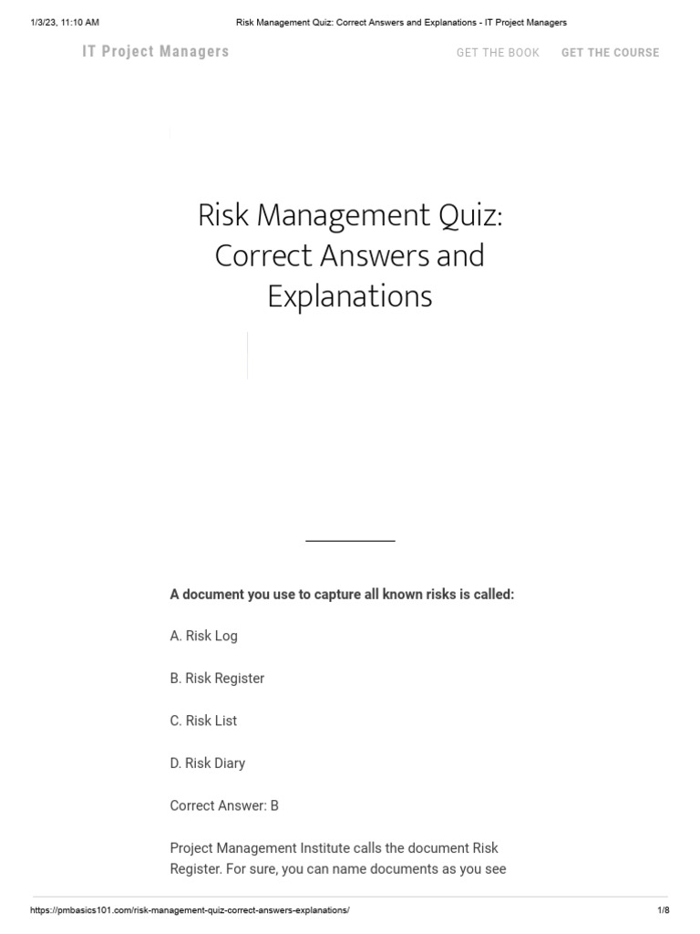 Risk Management Quiz Insights and Answers | PDF | Risk | Risk Management