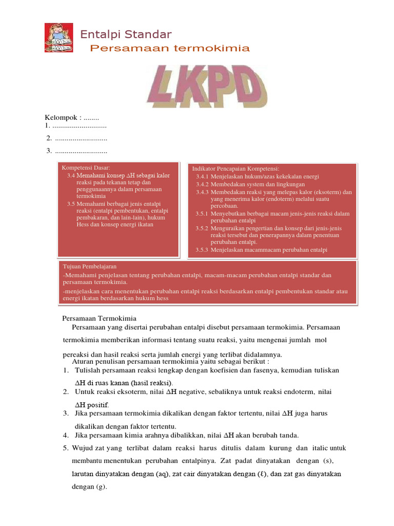 LKPD persamaan termokimia dan entalpi standar compress | PDF