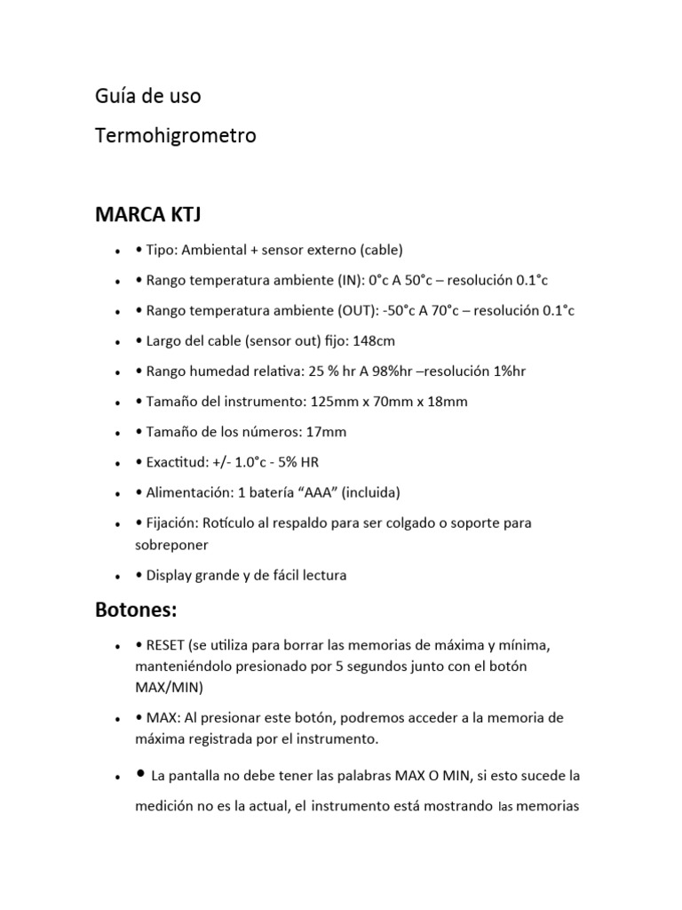 Guía de Uso Termohigrometro | PDF