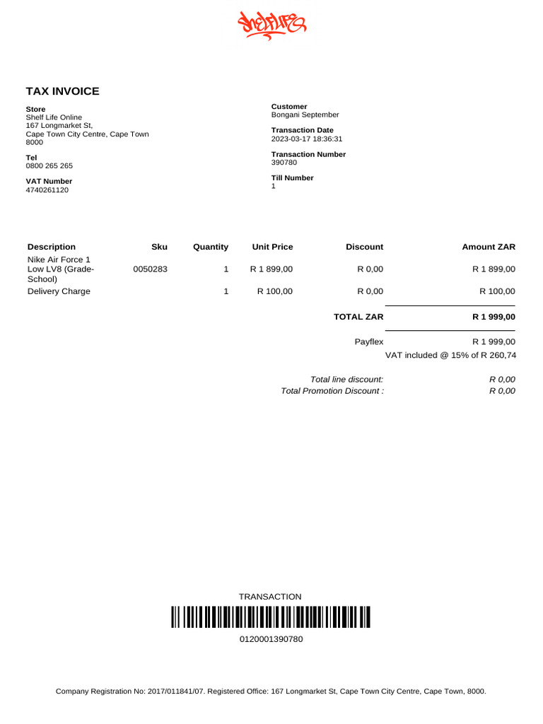 Tax Invoice: Description Sku Quantity Unit Price Discount Amount ZAR | PDF