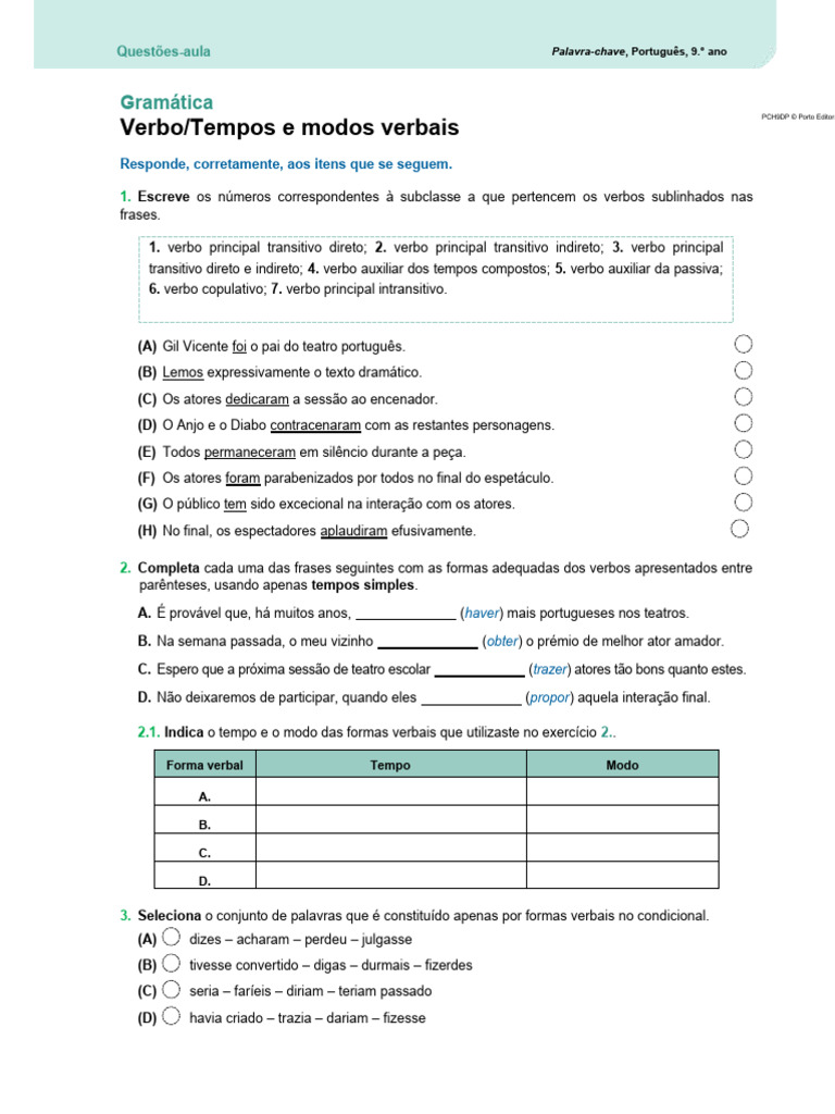 Pch9 Questao Aula Verbo Tempos Modos Verbais | PDF | Linguística | Famílias linguísticas