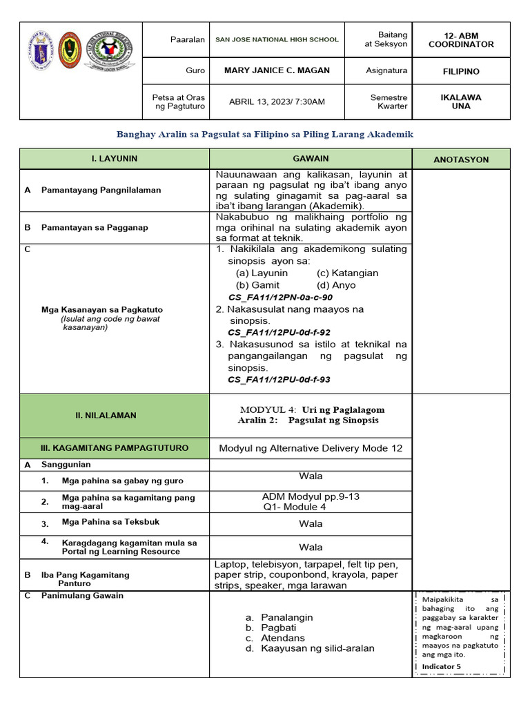 Lesson Plan COT Sinopsis - Filipino 12 (Second SEM) | PDF