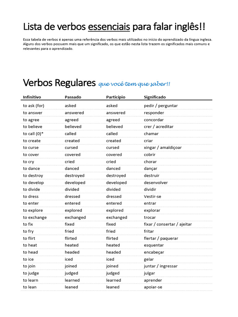 Lista de Verbos Essenciais em Inglês | PDF