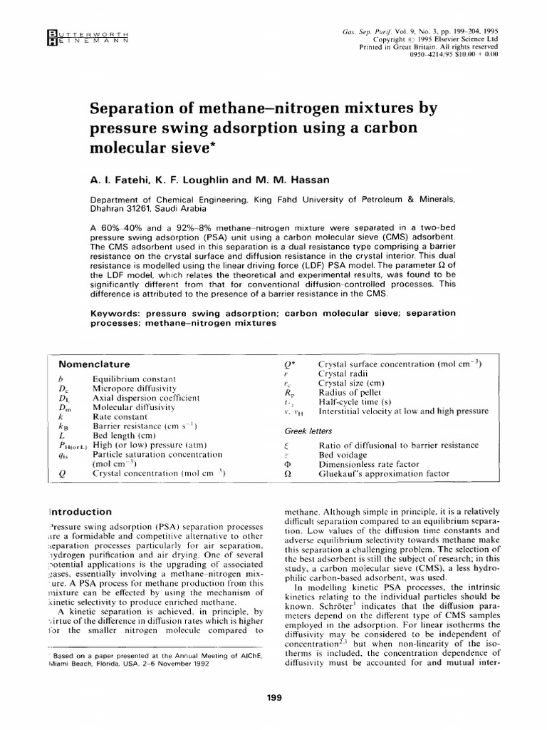 A. I. Fatehi Et Al - 1995 - Separation of Methane-Nitrogen Mixtures by Pressure Swing Adsorption ...