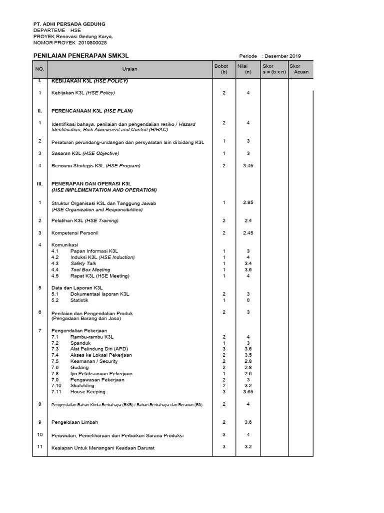 Penilaian Penerapan SMK3L | PDF | Teknologi & Rekayasa