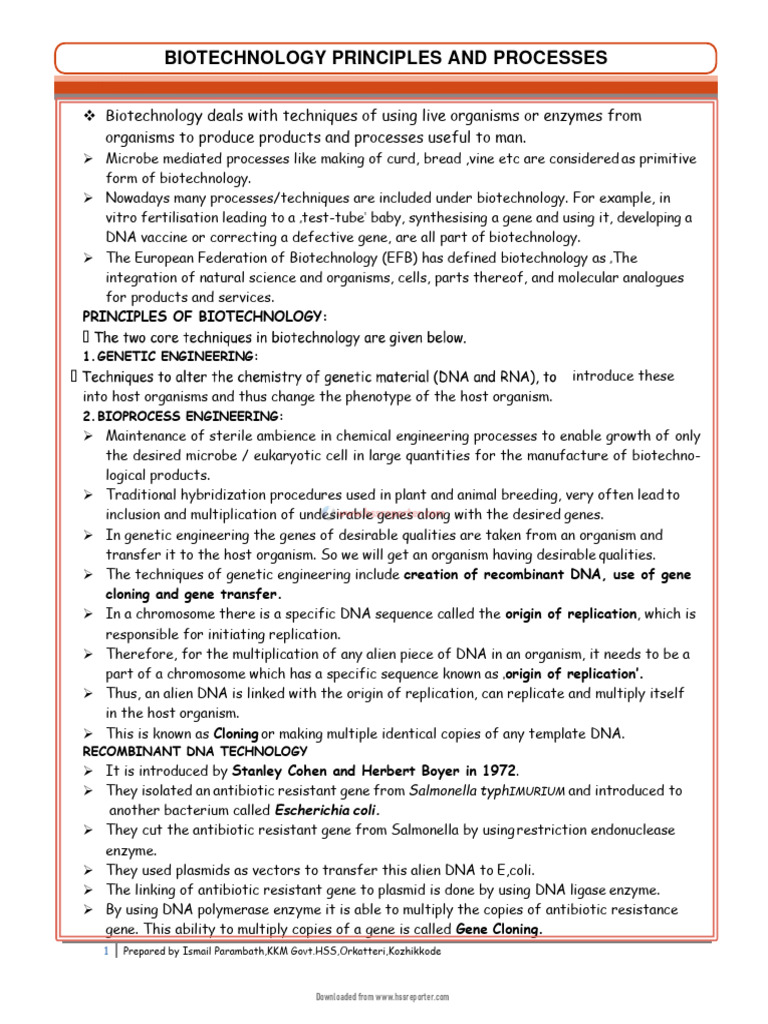 Biotechnology Principles and Processes - Notes | PDF | Molecular ...