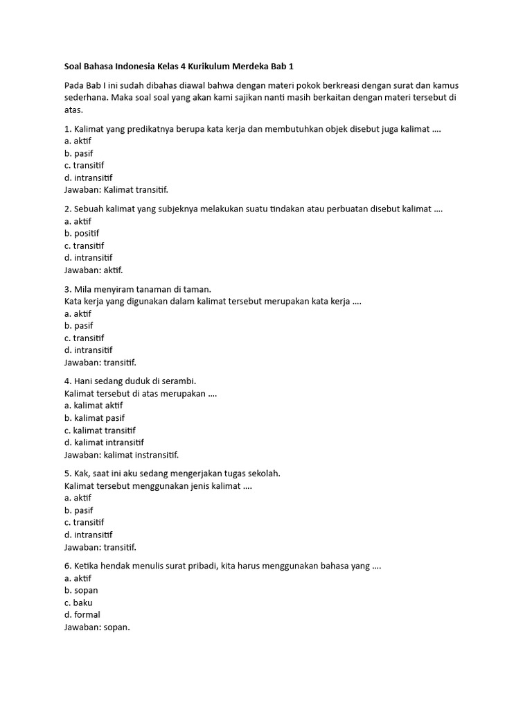 Soal Bahasa Indonesia Kelas 4 Kurikulum Merdeka Bab 1 | PDF